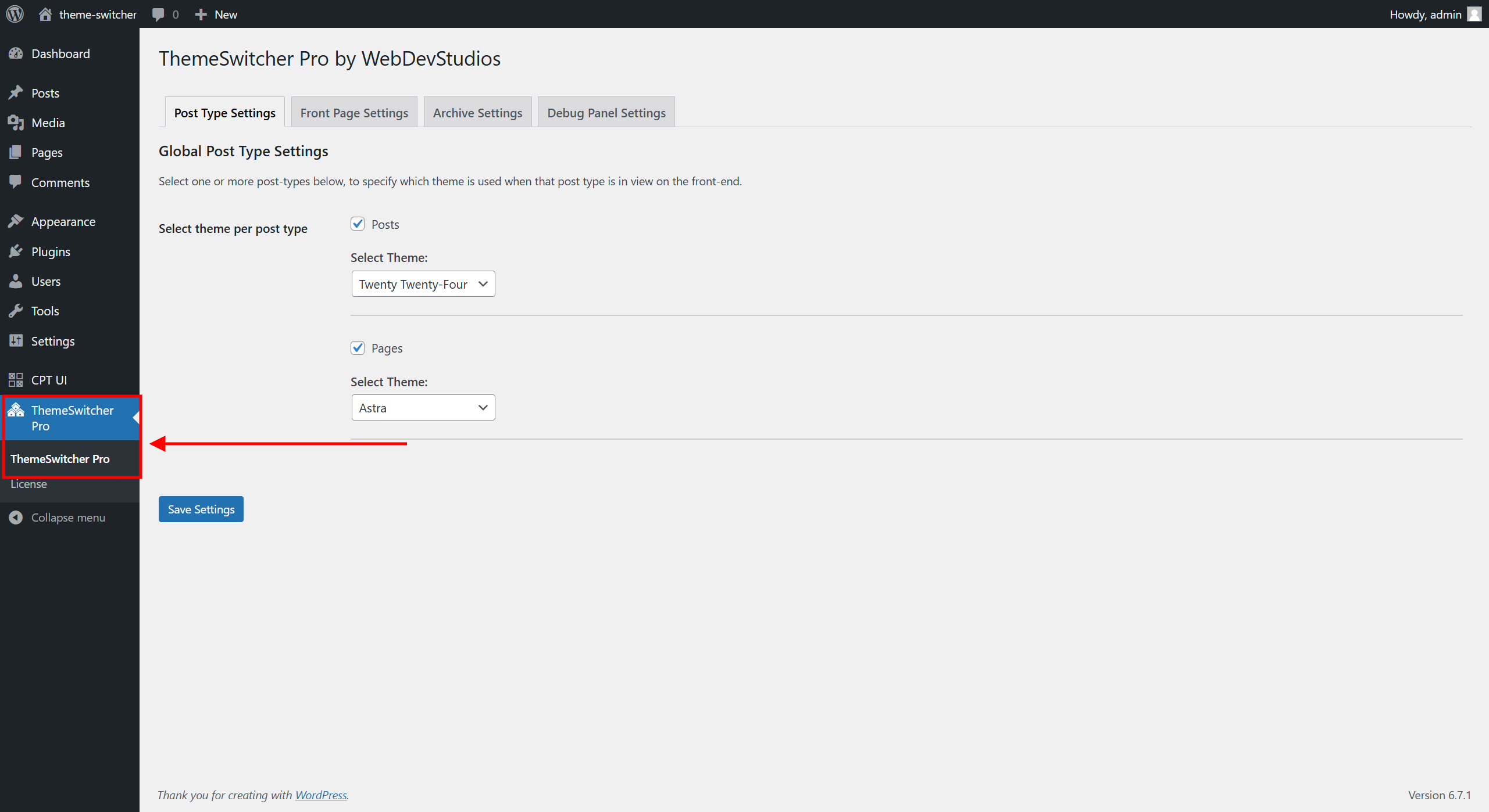 Access plugin settings - ThemeSwitcher Pro