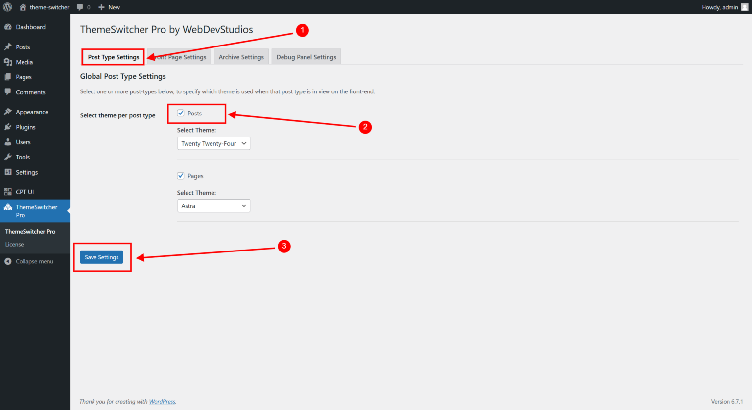 Enable and select a theme for specific post type - ThemeSwitcher Pro
